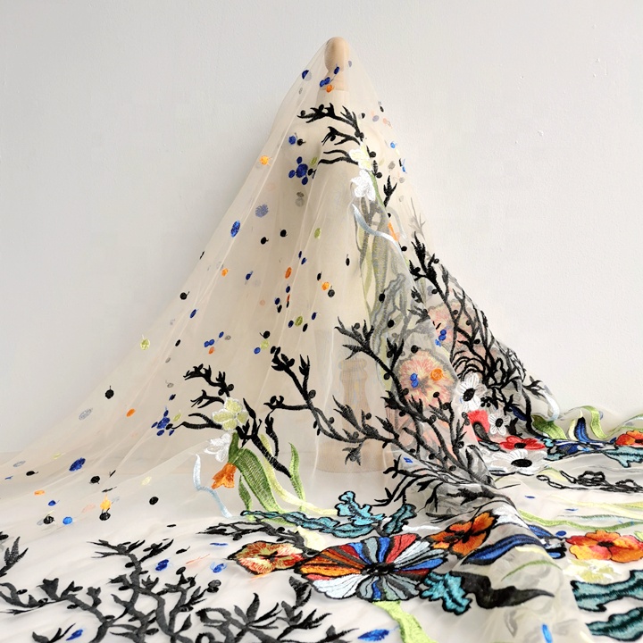 Multicolor Floral Embroidered Designer Dresses Lace Fabric