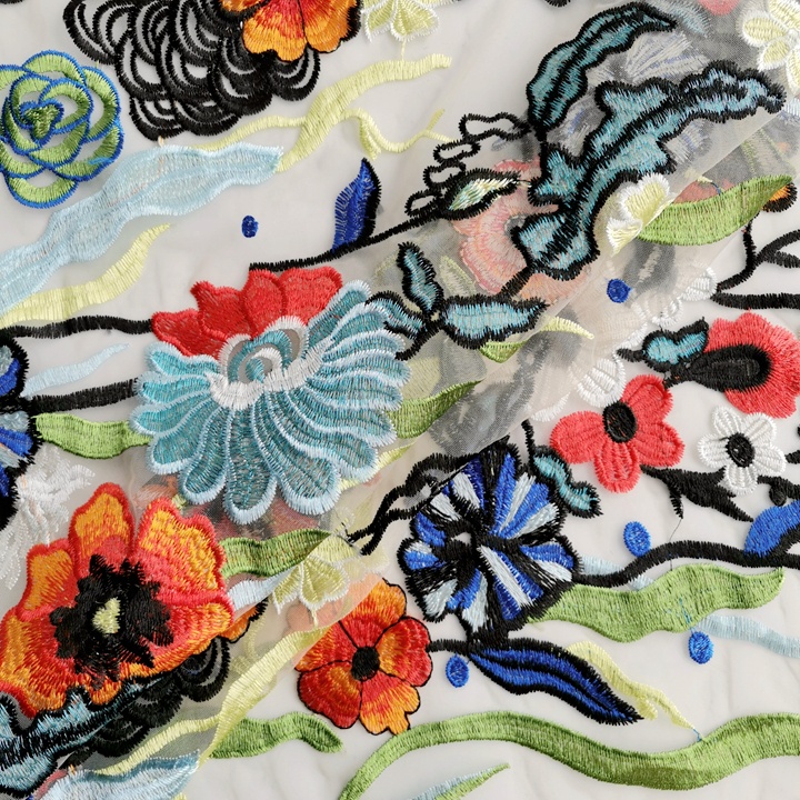 Multicolor Floral Embroidered Designer Dresses Lace Fabric
